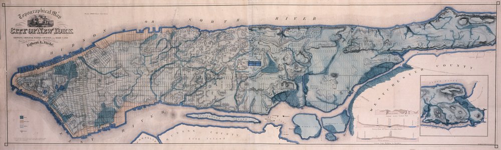 Topographical Map of New York, Showing Watercourses and Made Land, 1865