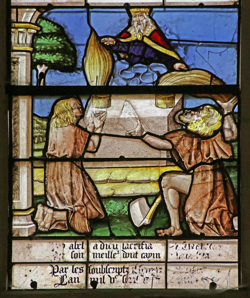 Window depicting Cain and Abel making their Offerings