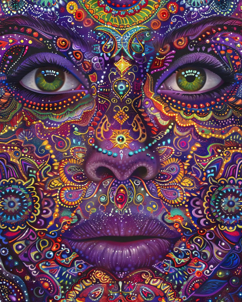 Psychedelic Woman with Colorful Face, Spiritual & Mandala Patterns