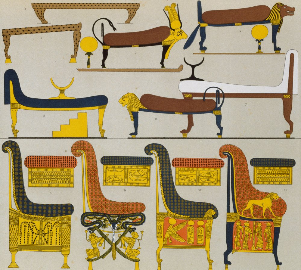 Ancient Egyptian furniture, lithography by Spiegel, from Le Costume ...