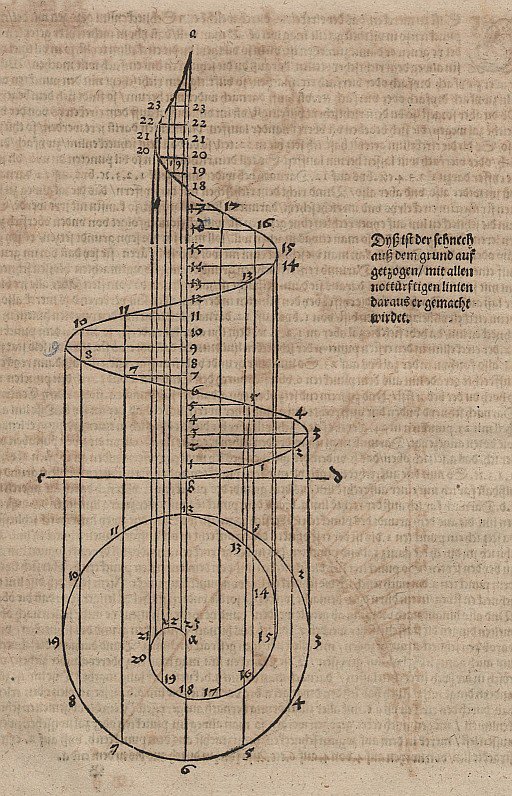 Plan and Elevation of a Conical Spiral with Auxiliary Lines
