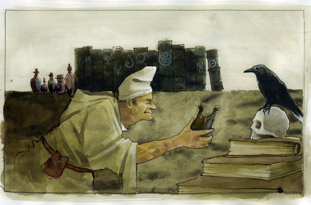Alchemist in His Laboratory with a Raven and a Skull