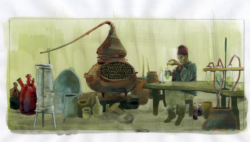 Alchemist in his laboratory with jars and still