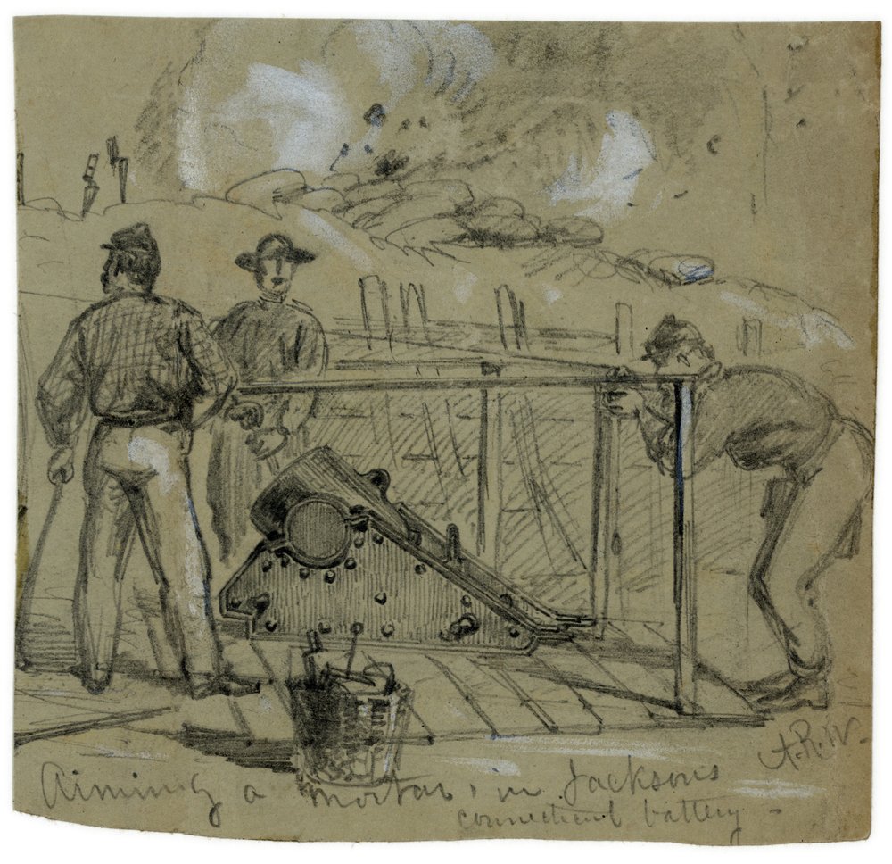 Aiming an 8-inch Union siege mortar in the trenches outside Petersburg ...