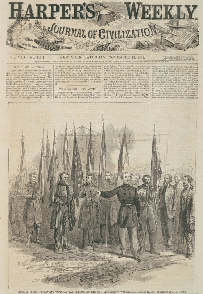 General Custer presenting captured battle flags at the War Department ...
