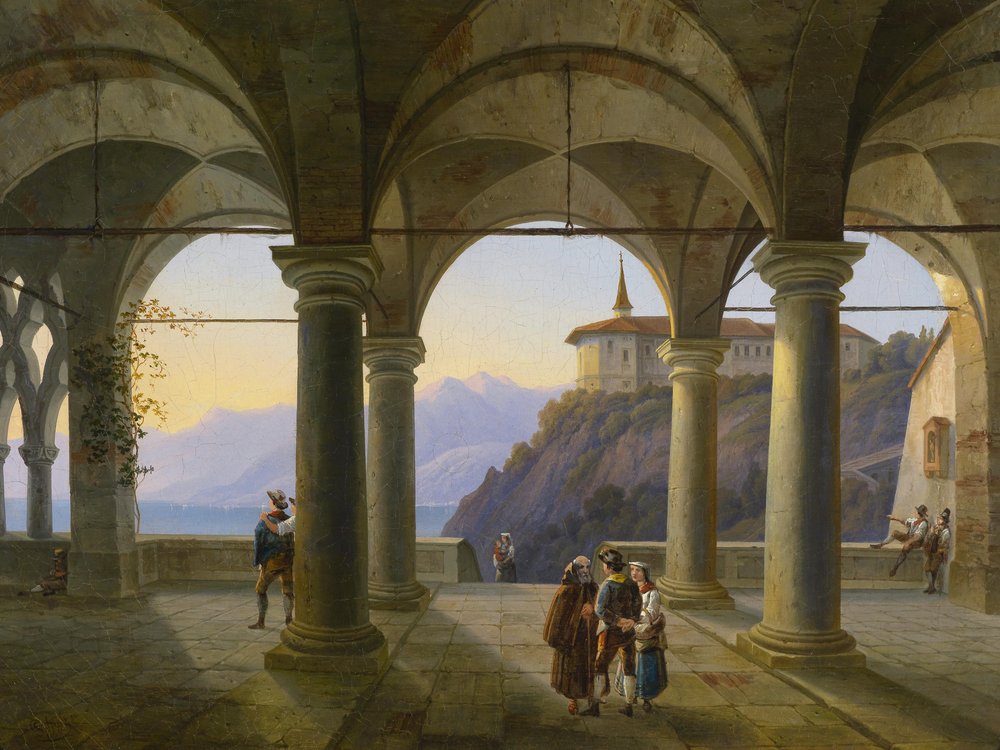 Pillar Terrace with People and View of a Mountain Lake