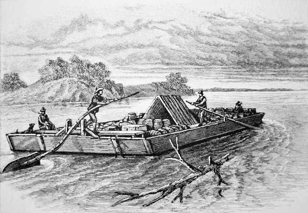 Pioneer flatboat on the Mississippi River, c. 1840