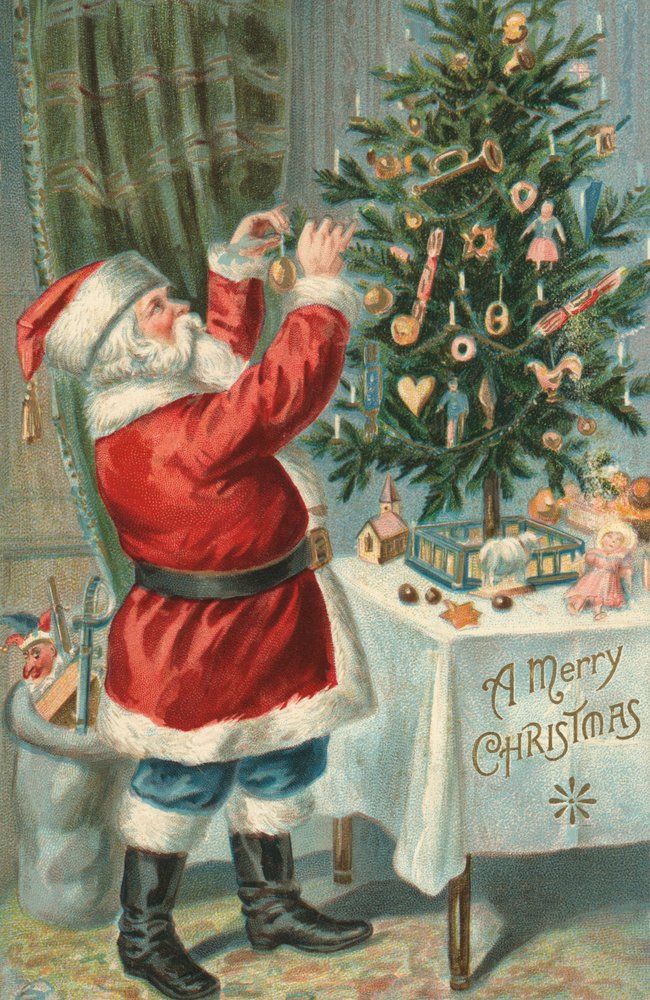 Santa Claus Decorating a Christmas Tree by American School