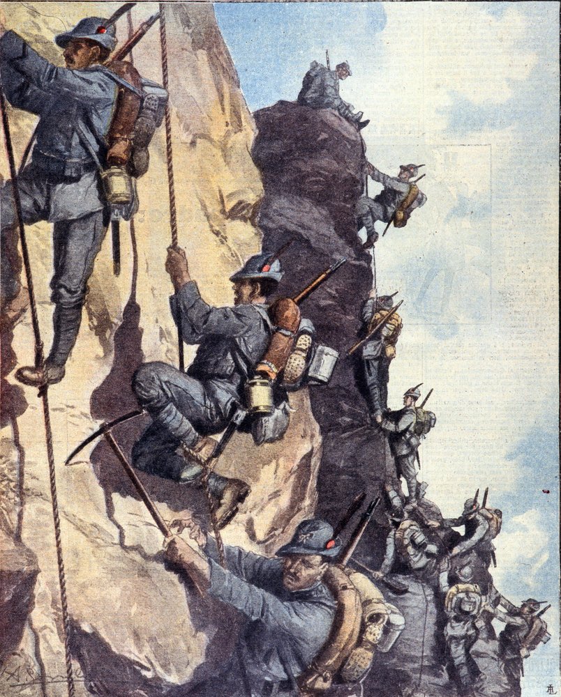First World War: Italian Alpine Hunters Climbing a Wall in the Italian Alps