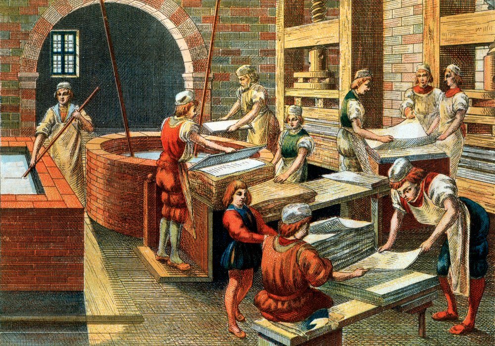 View of a paper manufacturing workshop in Fabriano in the 16th century, Italy. The different ...