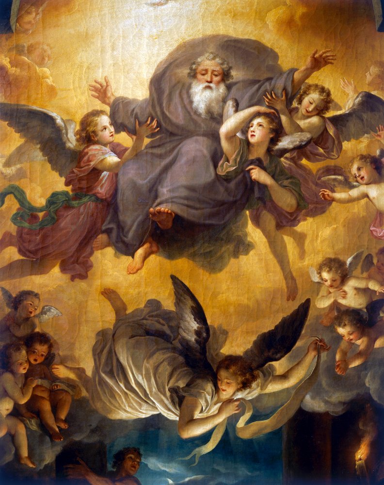 Adoration of the Shepherds with the Father God in a Glory of Angels