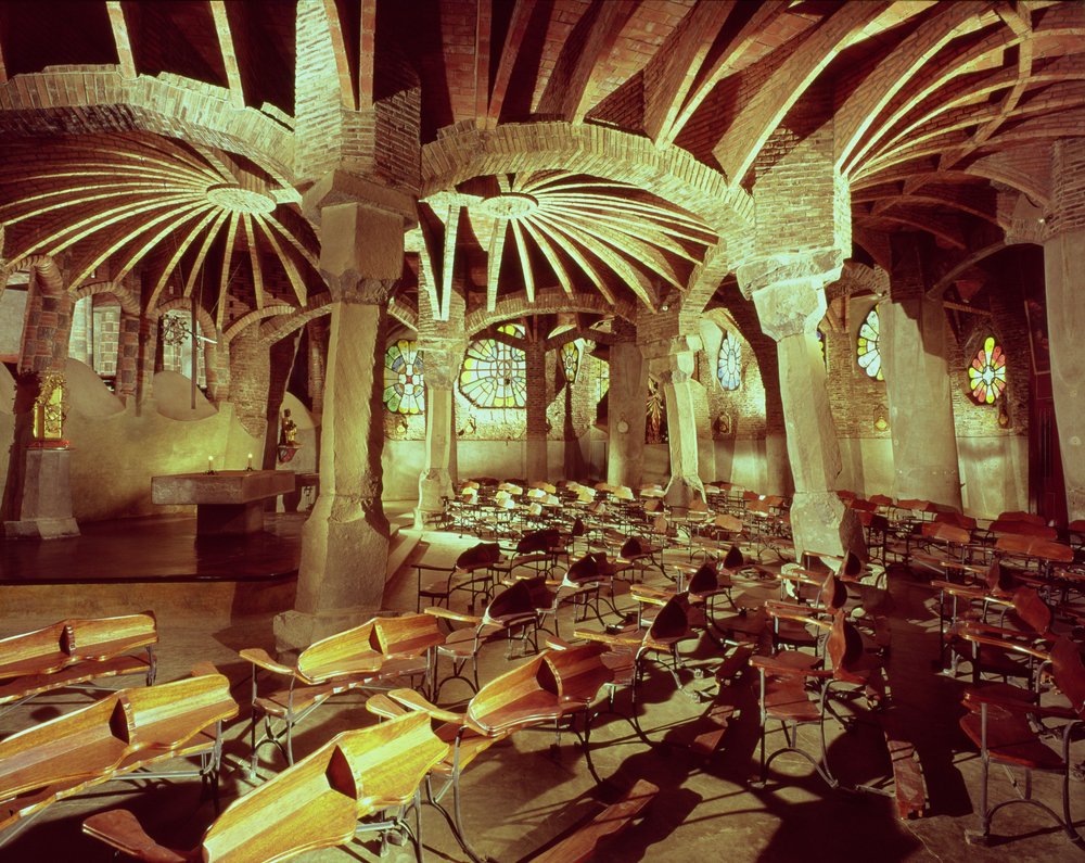 Guell Crypt with its 'tilted column', built by Antonio Gaudi in 1908-15