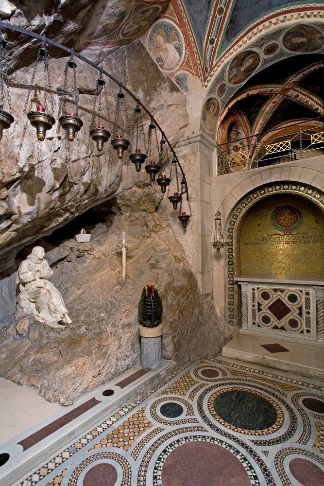 View of the cave of St. Benedetto of Nursie with statue of the saint