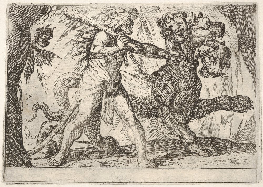 Hercules and Cerberus: Hercules grasps the collar of Cerberus, two ...