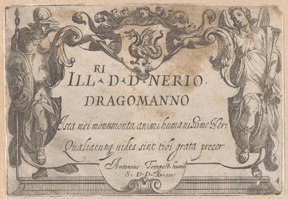 Title Page with Cartouche with Dedication, Flanked by Minerva and Fame