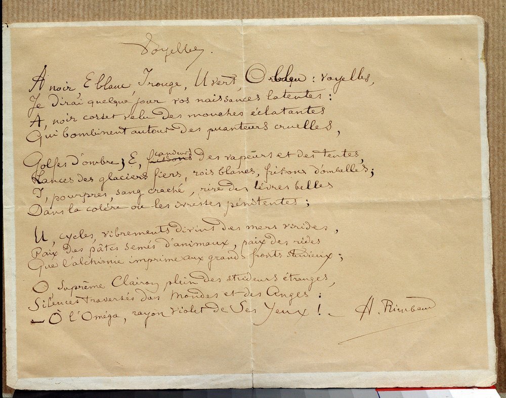 Manuscript of Arthur Rimbaud's poem: The Vowels