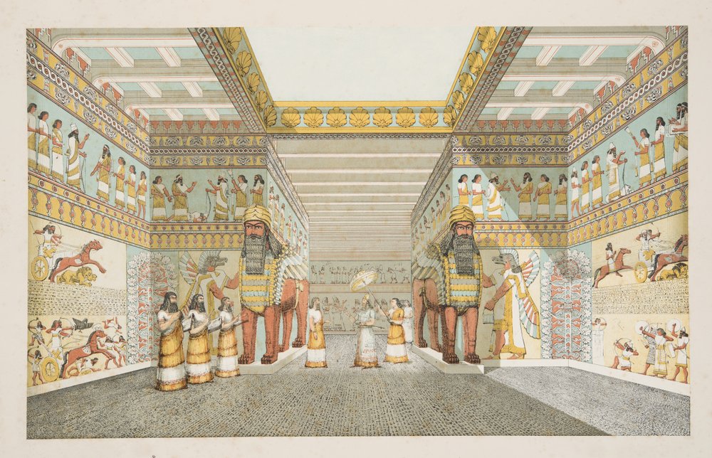 Reconstruction of the Hall of an Assyrian palace, from Monuments of ...