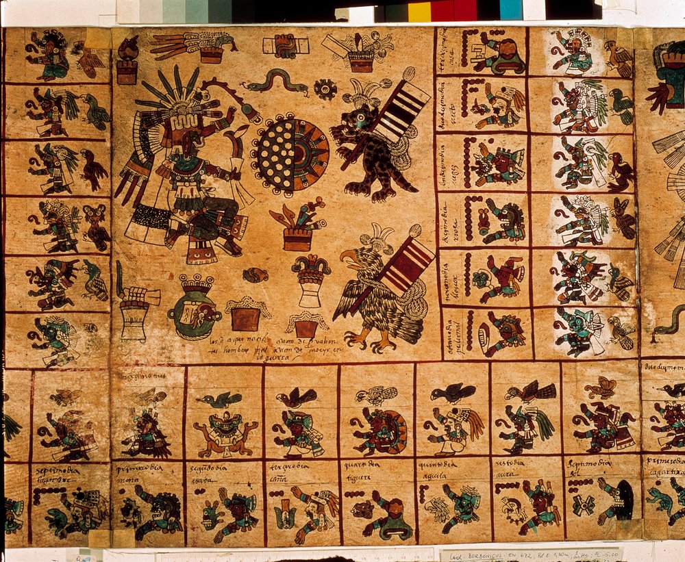 Representation of Aztec deities and boxes corresponding to the calendar ...