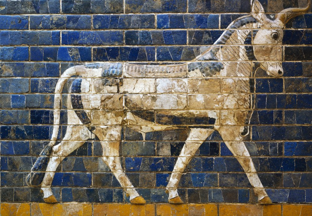 A bull, (detail) from glazed brick tiles depicting mythological animals ...