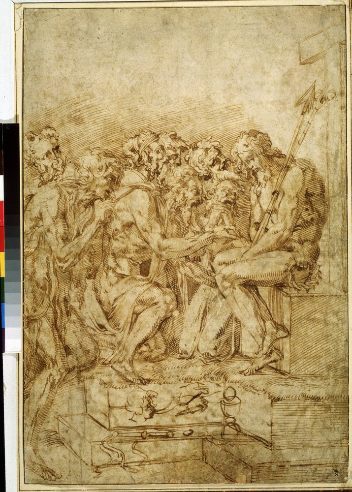 Christ with Symbols of Passions Attended by Seven Figures
