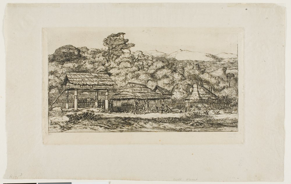 Native Barns and Huts at Akaroa, Banks' Peninsula, 1845