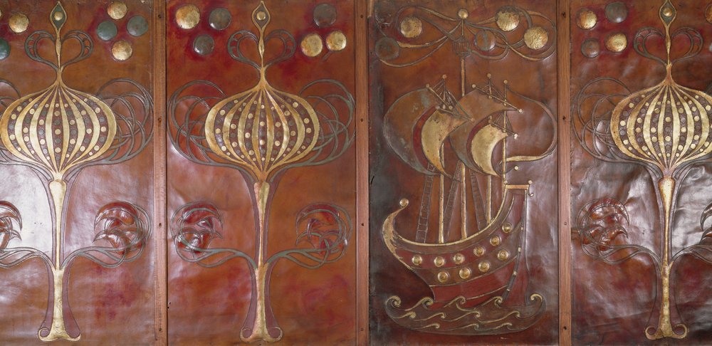 Embossed, painted and gilded leather panels, made by the Guild of ...