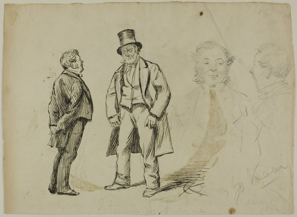 Sketch of Two Standing Men and Two Portraits