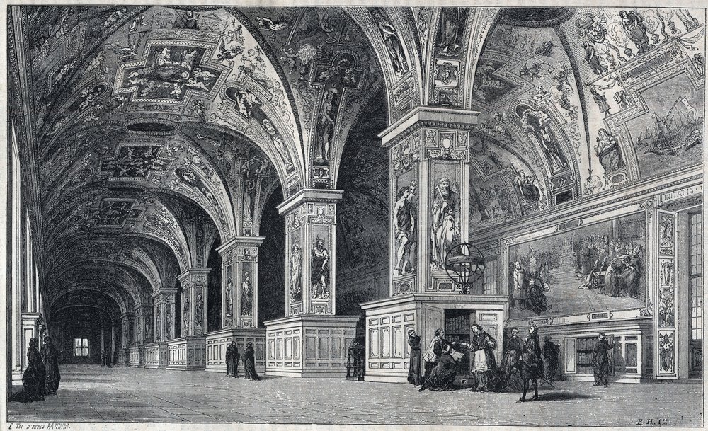 Internal view of the Vatican library in the 18th century. Engraving by ...