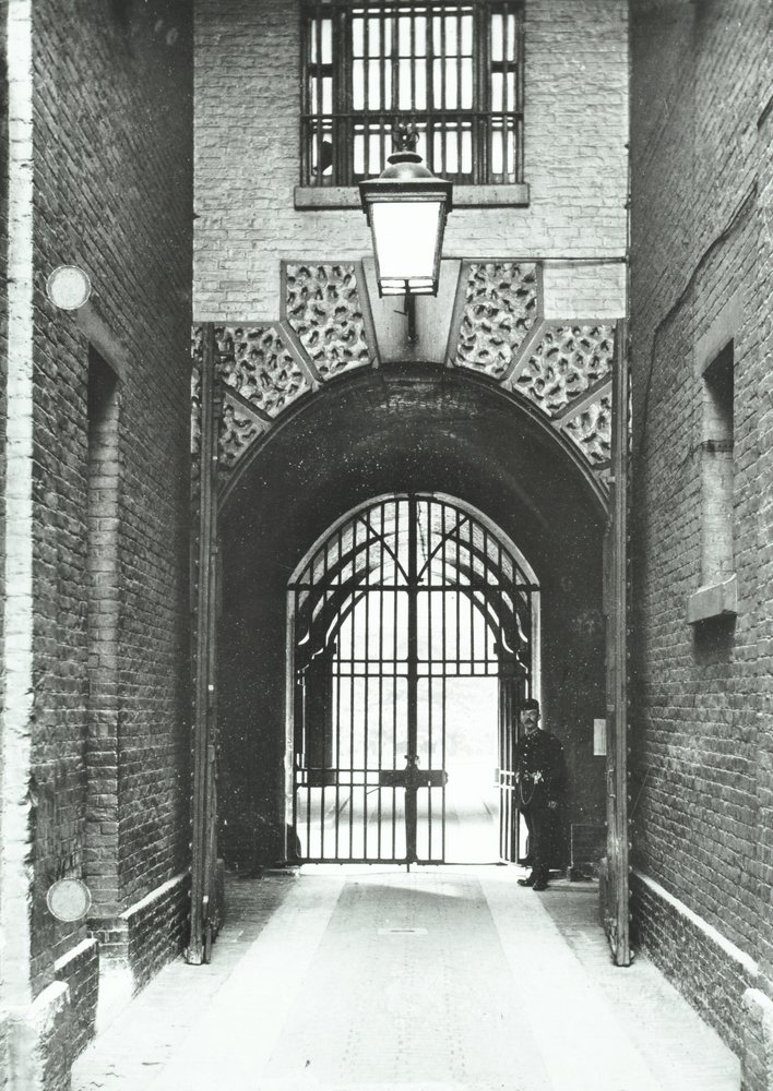 Millbank Prison: main passageway, Warden Barnard in doorway