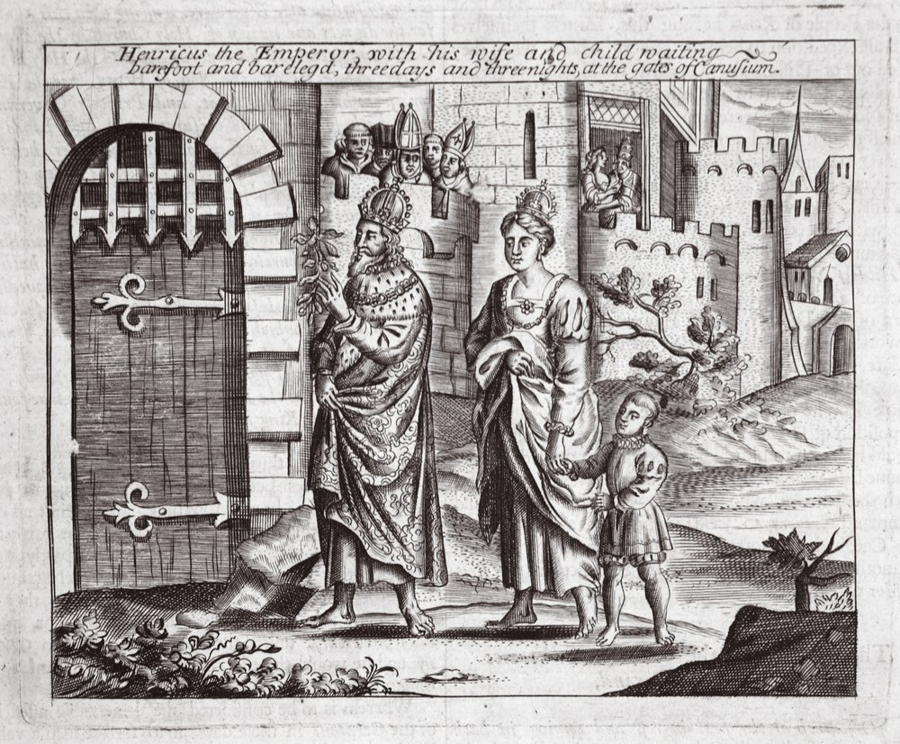 Henricus the Emperor with his wife and child waiting, barefoot and ...