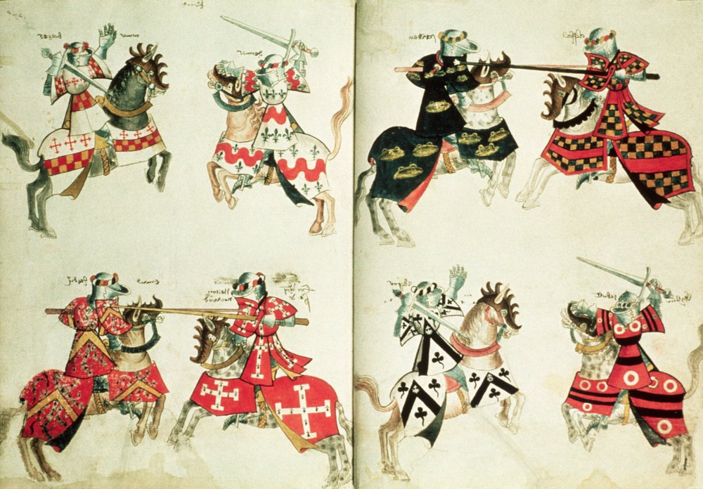 Jousting knights showing heraldic emblems by English School