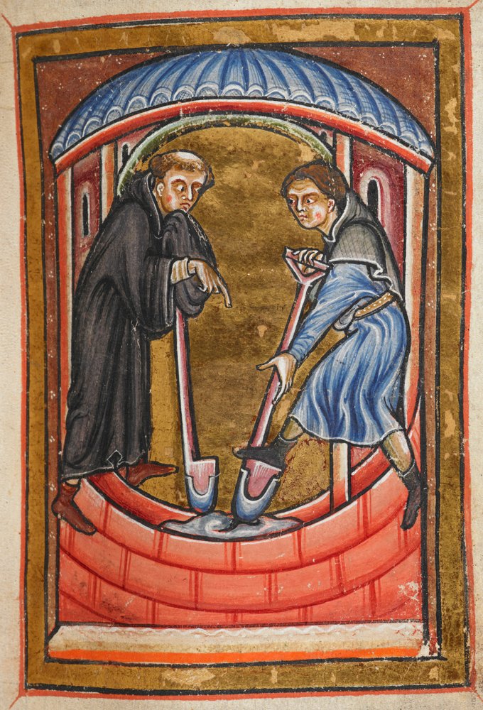 Miniature of Cuthbert digging a water pit with a monk for his hermitage ...