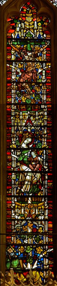 Window 1 depicting the Virgin Mary on the Tree of Jesse and the Crucifixion