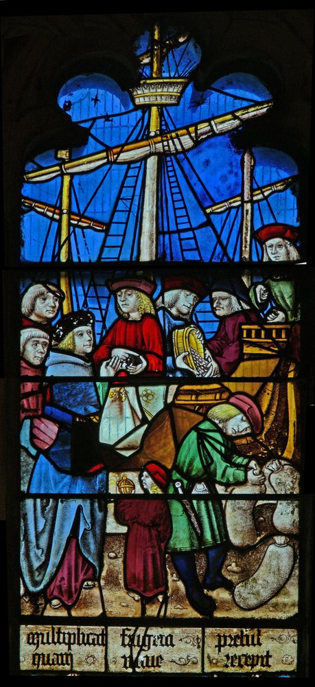 Window depicting a scene from a legend of St Nicholas: the grain ships ...
