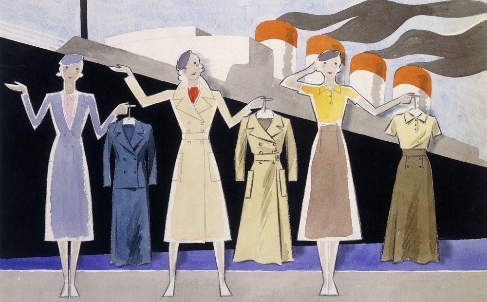 Fashion design showing three female models holding up garments on ...
