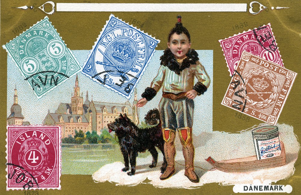 Danish and Icelandic Postage Stamps with an Inuit child and his dog, 1897