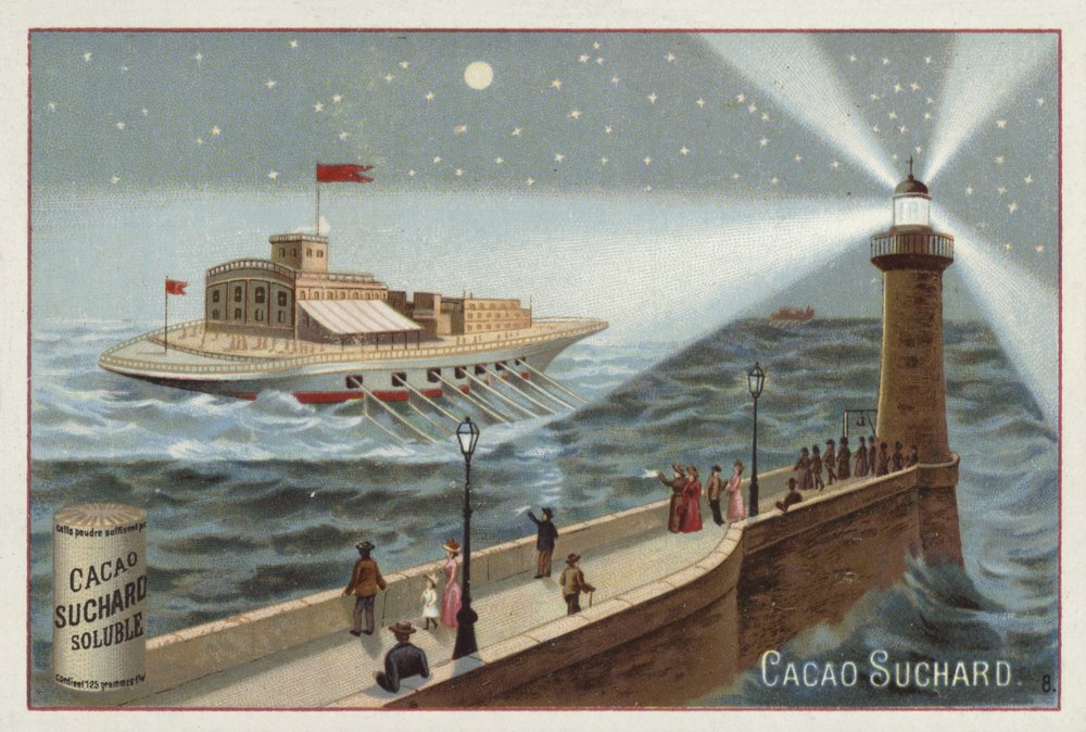 Large ship powered by oars illuminated by a lighthouse