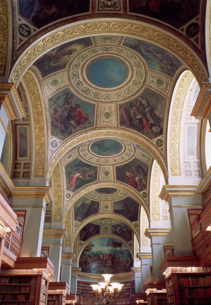View of the Coffered Library Ceiling with Gilded Stucco Framework ...