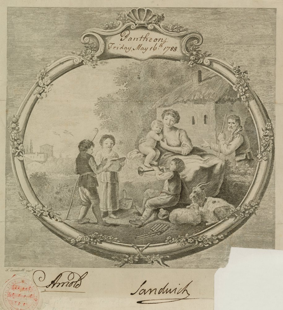 Farm scene, with children singing and playing musical instruments