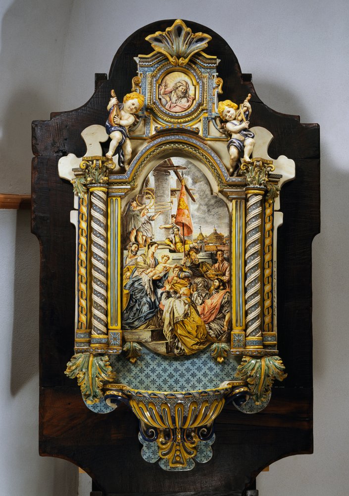Large Holy Water Font in Painted Majolica with Central Scene from ...