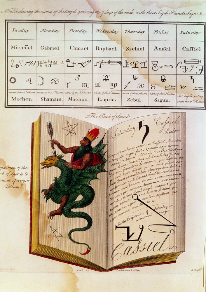 Two pages from 'The Magus', pub. 1801, and a table showing the seven ...