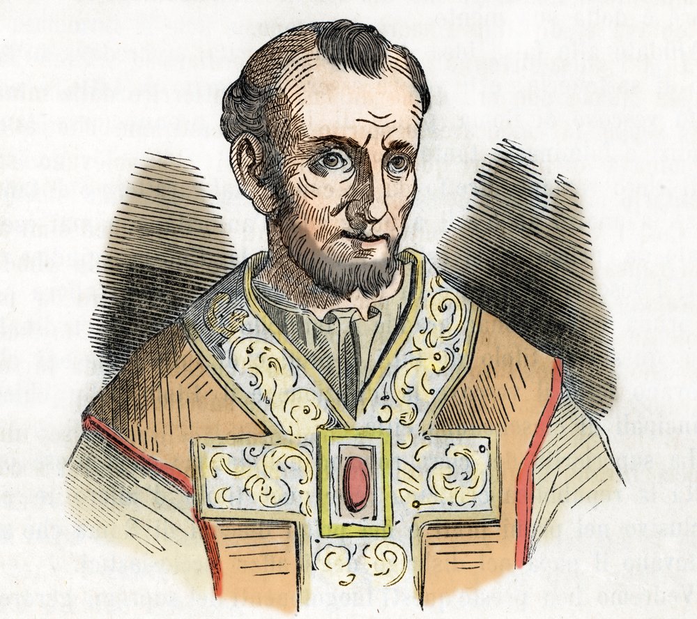 Middle Ages: representation of Pope Nicholas I the Great, drawing from ...