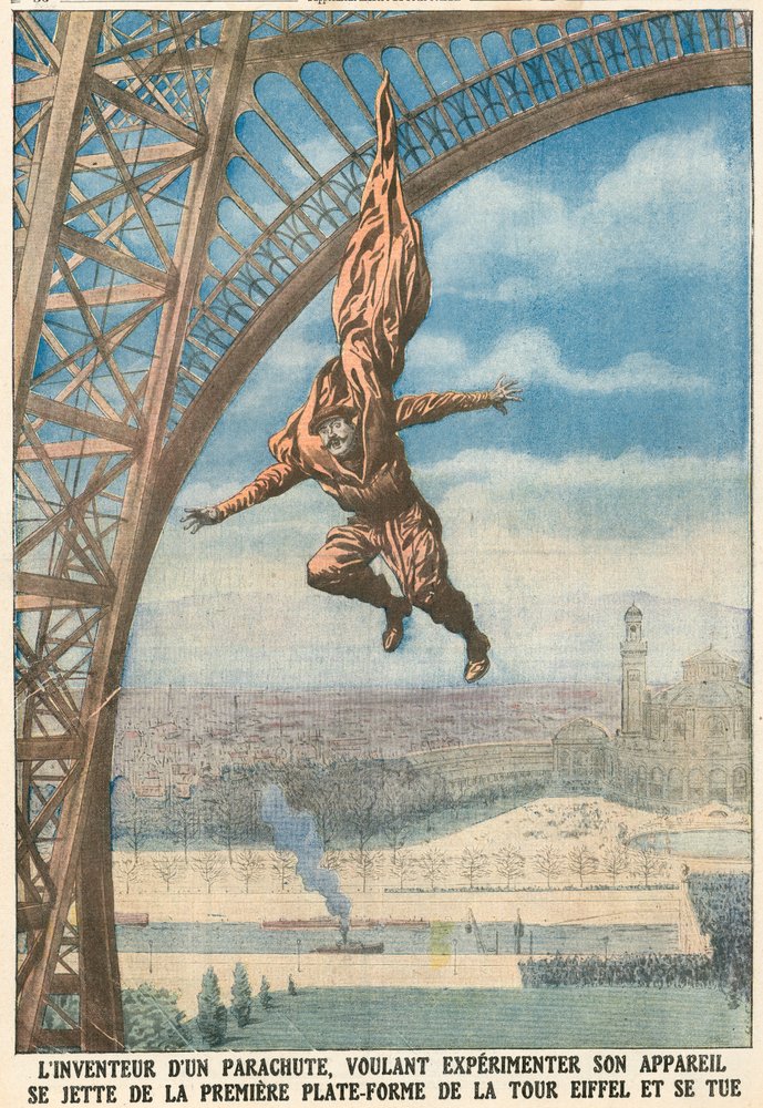 Inventor of a parachute jumps from the Eiffel Tower
