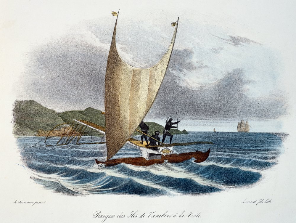 Canoe with sail from the Vanikoro Islands, Solomon Islands, colour ...