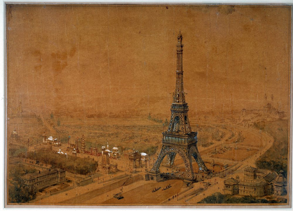 Eiffel Tower project of the 1886 competition for the 1889 exhibition. Drawing of 1886. Paris ...