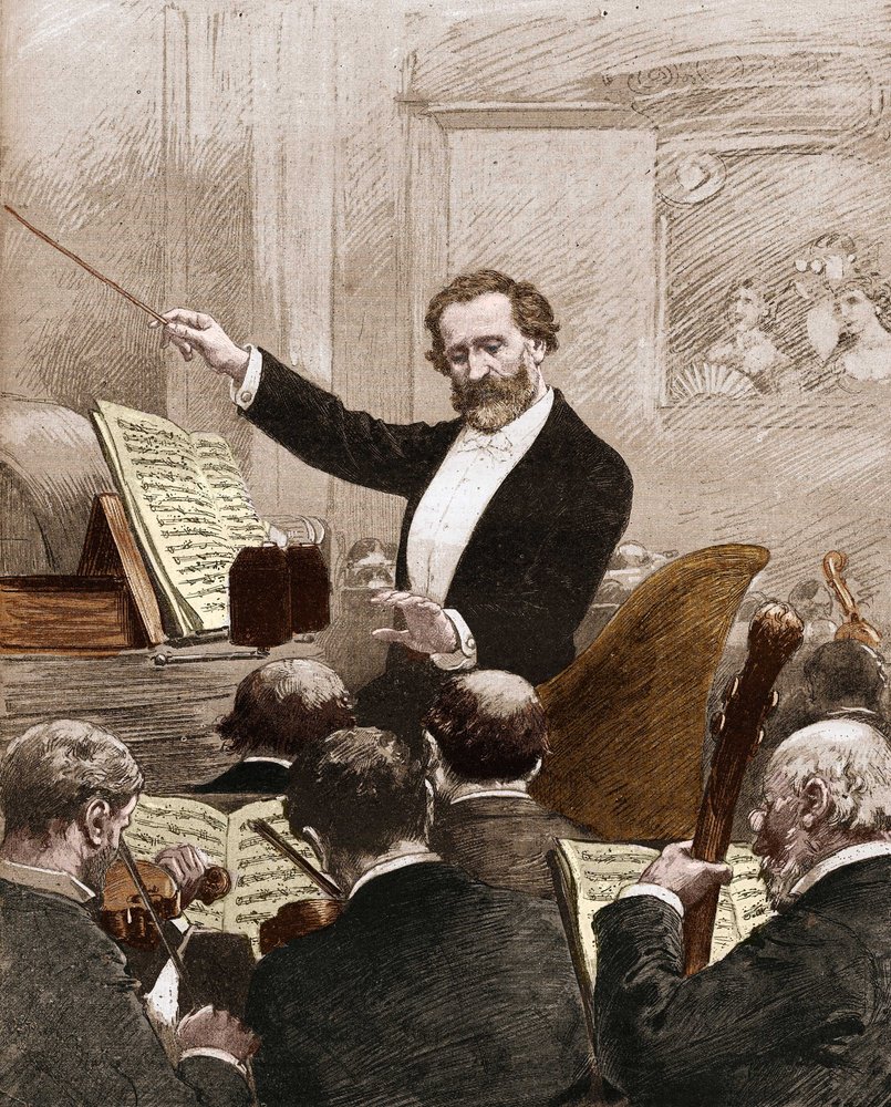 Giuseppe Verdi leading the opera orchestra to the first representation ...