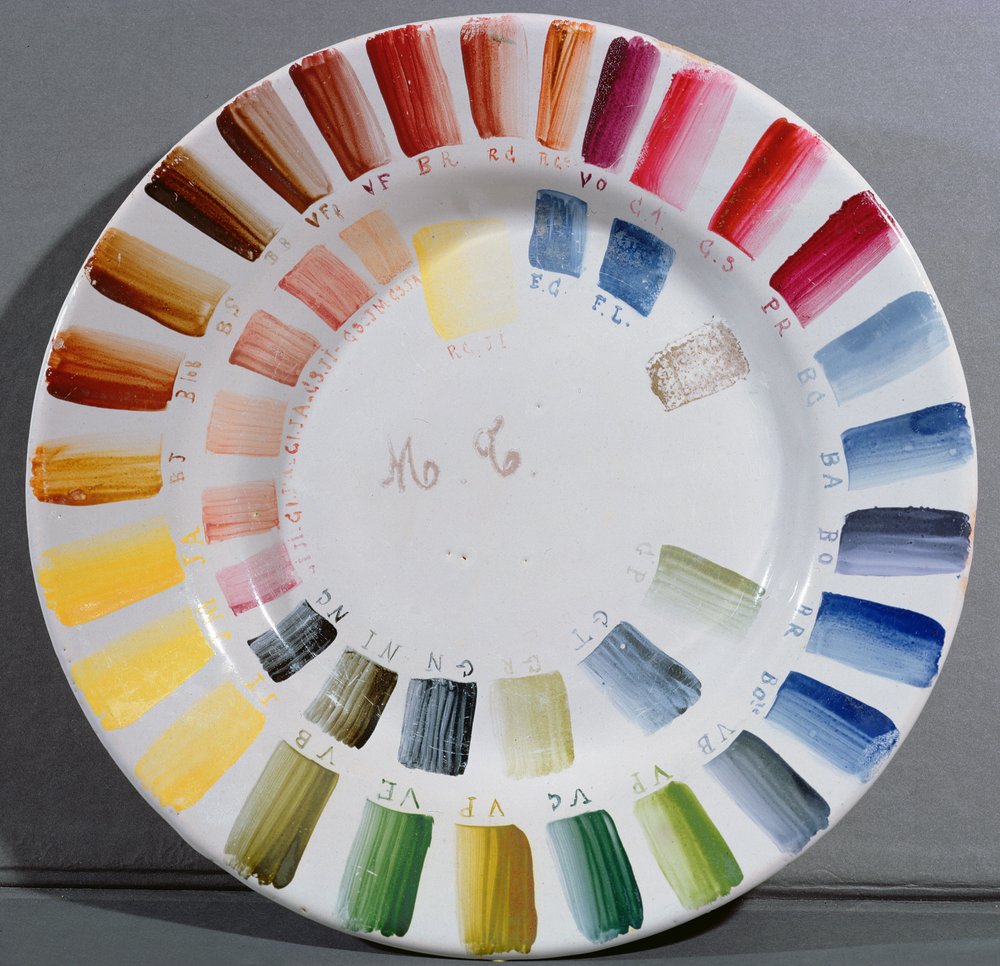 Porcelain manufacturers plate with a colour chart