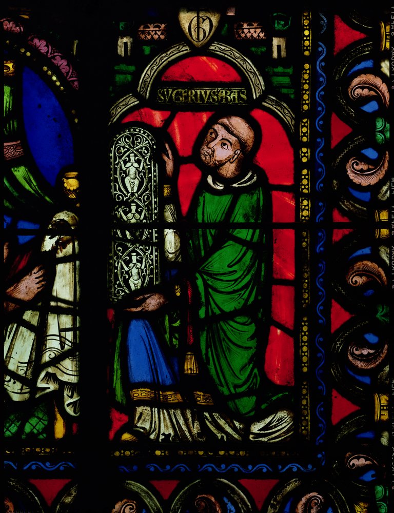 The Tree of Jesse Window, detail depicting Abbot Suger giving a window
