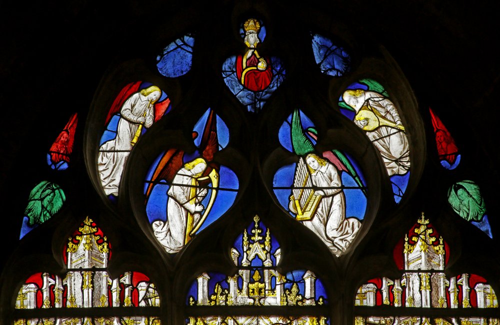 Window depicting Angel Musicians with Shawm, Harp, Organ and Lute