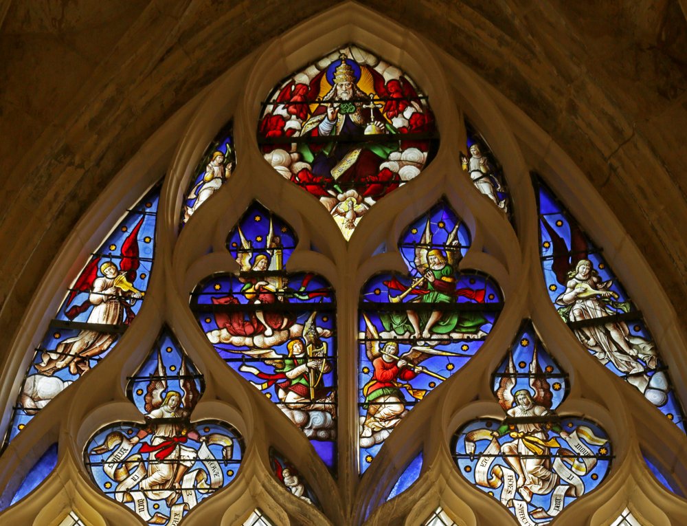 Window depicting God the Father with the Holy Spirit, Seraphims and ...